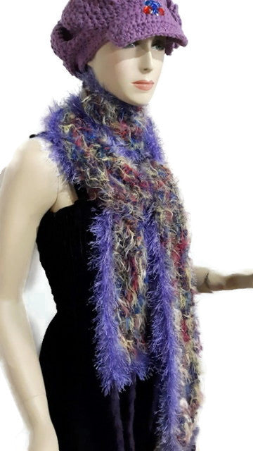 Fiber art scarf, knit handmade scarf, needle felted fringes, variegate ...
