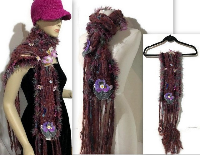 Fiber art, knit scarf, woman's size, alpaca fiber, rust-brown-hollyber ...