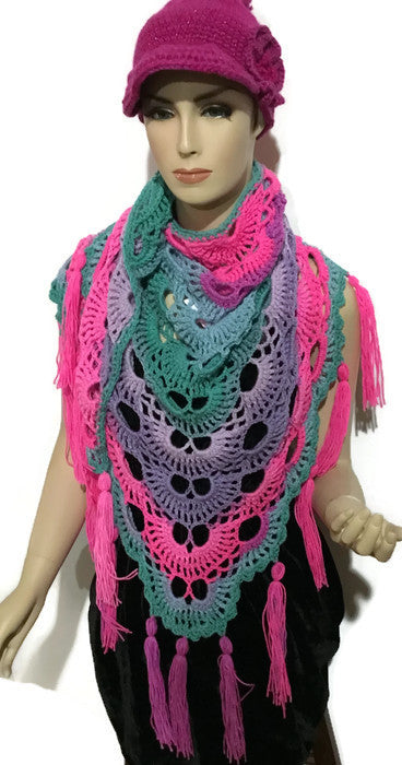 THE PINK ASTER SHAWL, handmade crochet shawl, variegated acrylic yarn ...