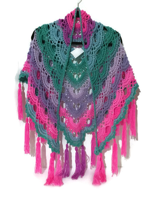 THE PINK ASTER SHAWL, handmade crochet shawl, variegated acrylic yarn ...