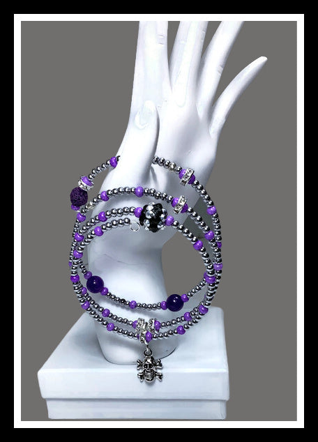 THE SILVER SKULL COIL WRAP DIFFUSER BRACELET, beaded wrap, amethyst st ...